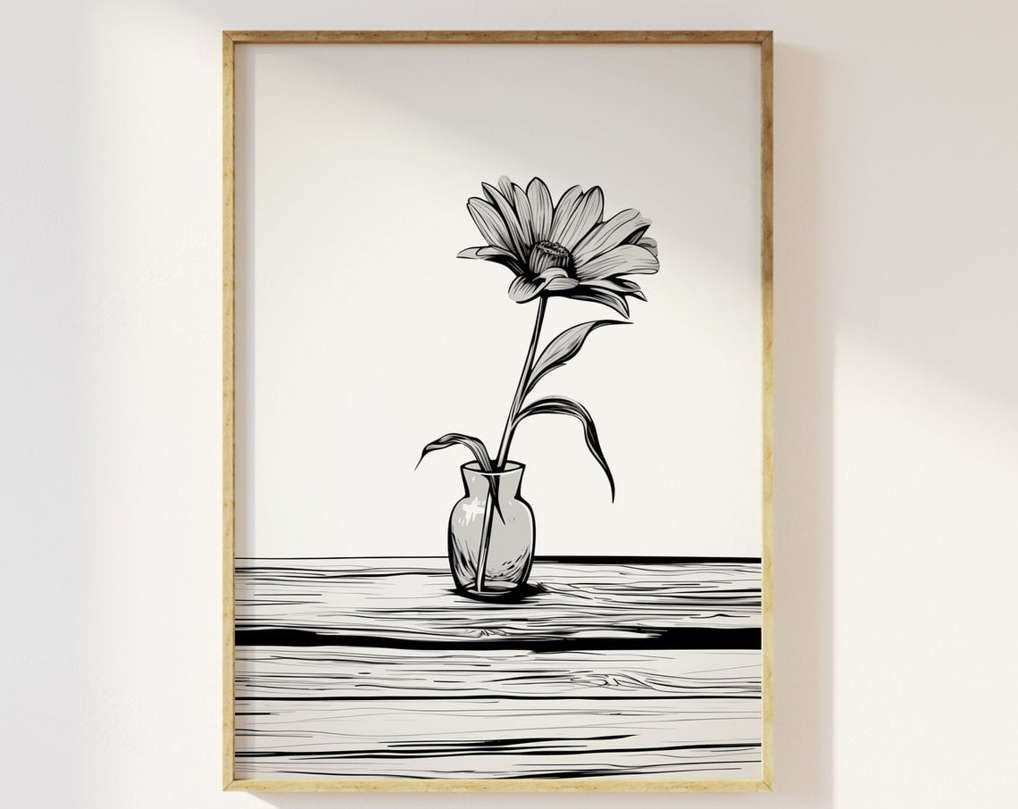 Lone Flower In Vase Sketch Art Print Minimalist Illustration, Black And ...