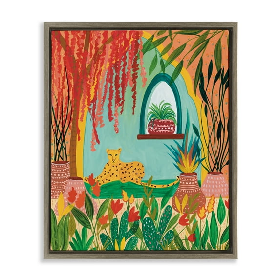 Lone Leopard Among Botanicals Brown Framed Floater Canvas Wall Art ...