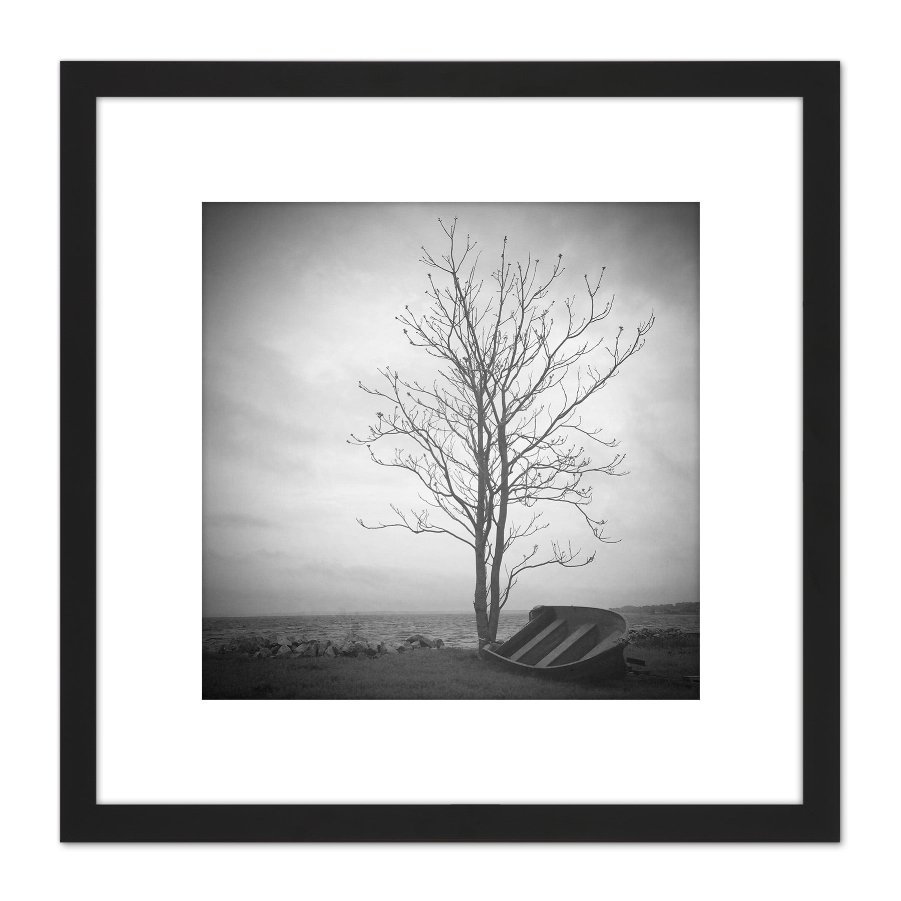 Lone Tree Silhouette Greyscale Photo 8X8 Inch Square Wooden Framed Wall ...