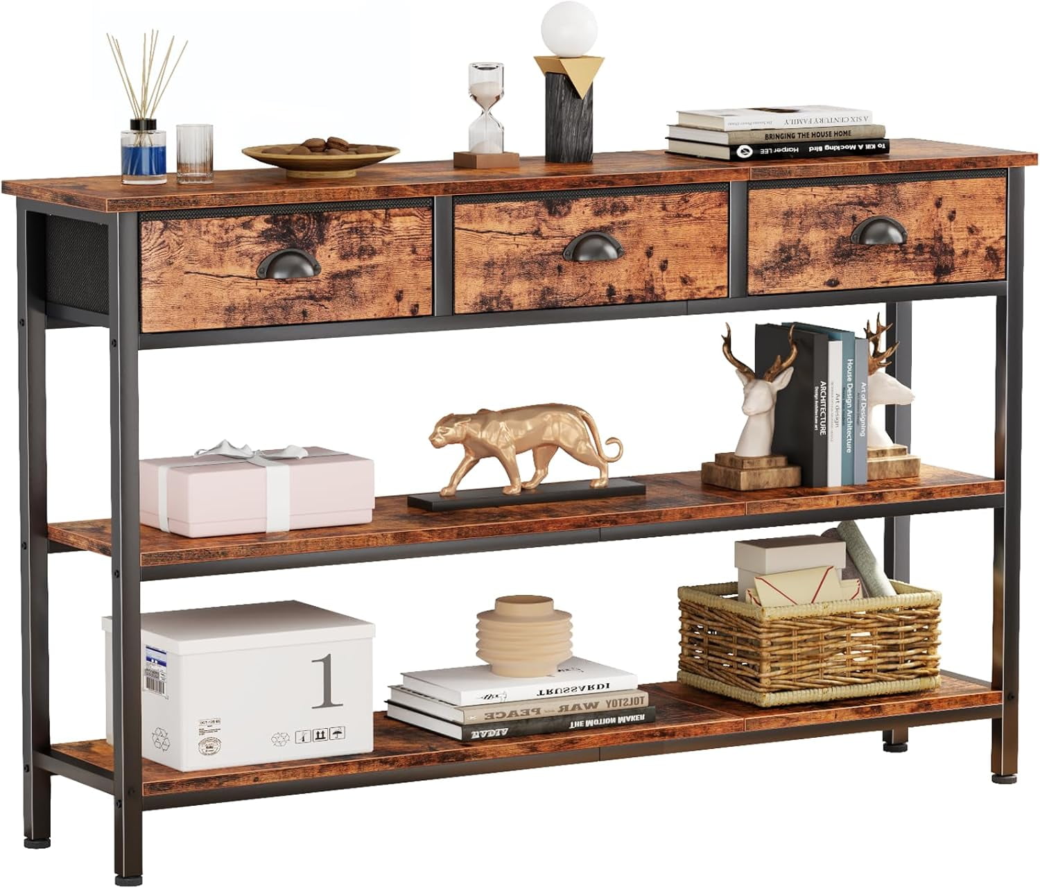 Long 47" Console Sofa Table with 3 Drawers, Entryway Table with 3-Tier ...
