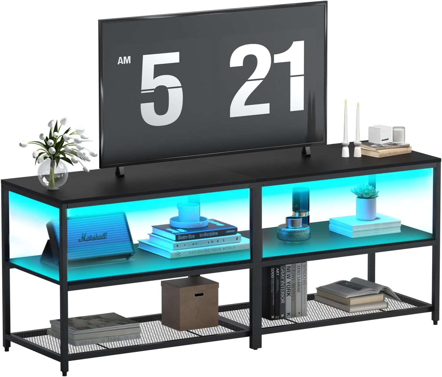 Long 63" TV Cabinet with 3-Tier Storage Shelves TV Stand for TV up to ...
