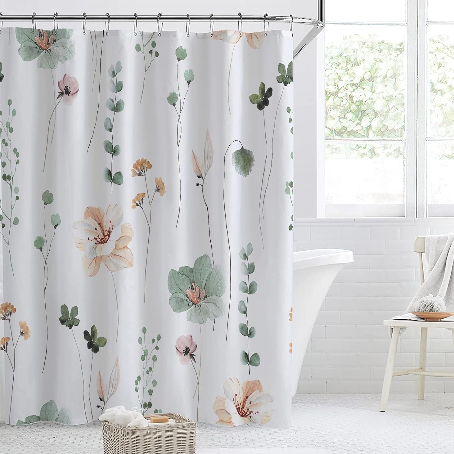 Long 72x84in Shower Curtain,Watercolor Floral Shower Curtain Sets,Sage ...