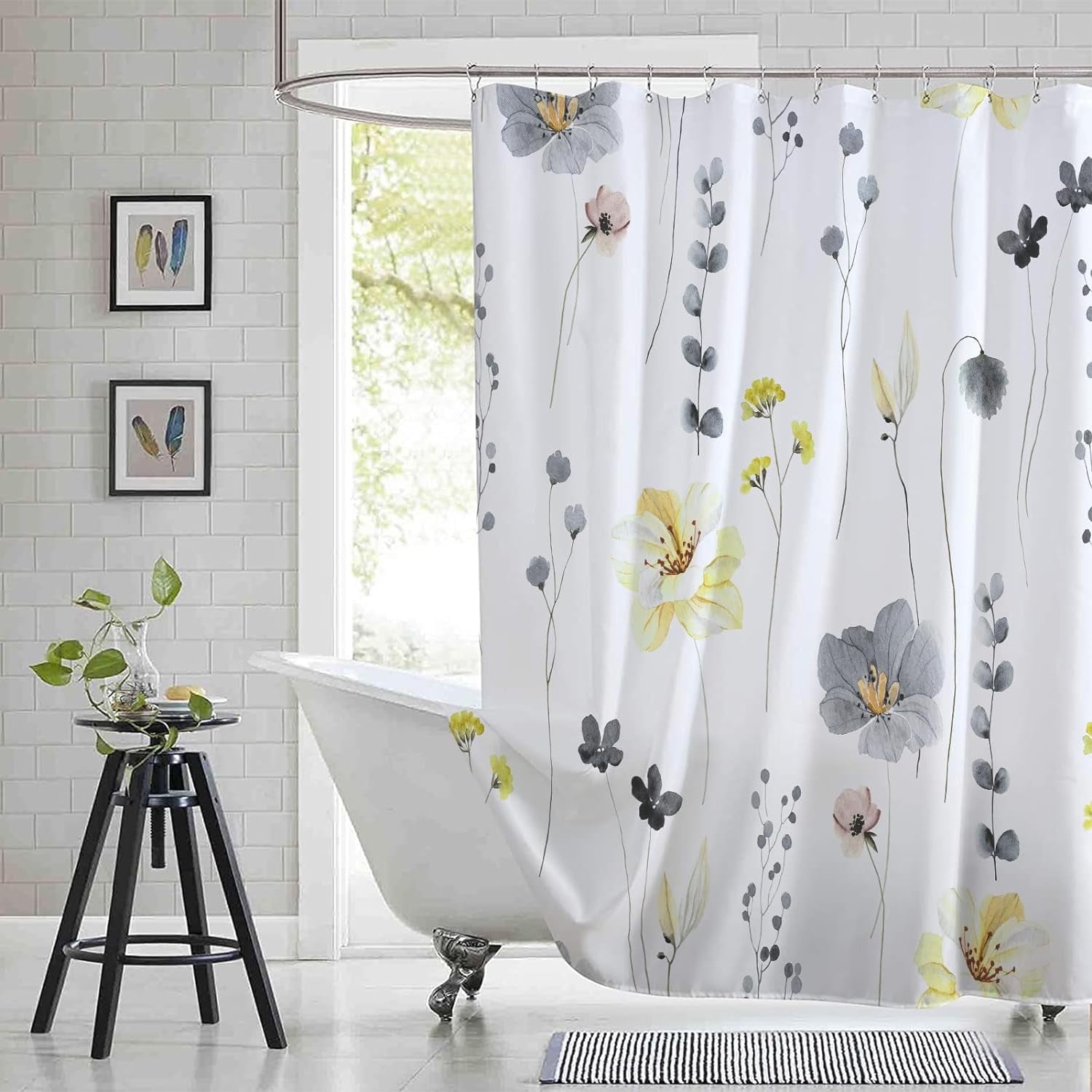 Long 72x84in Shower Curtain,Yellow Grey Floral Shower Curtain,Cute Watercolor Flowers Shower ...