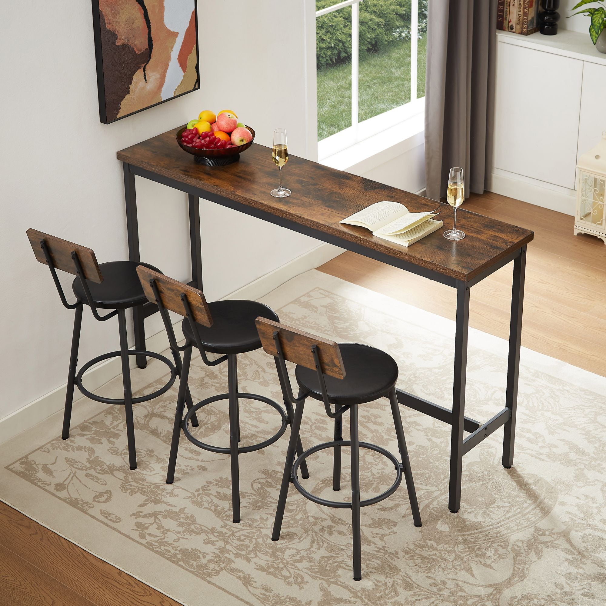 Long Bar Dining Bar Pub Table Set with 3 PU Upholstered Bar Stools, 4 ...