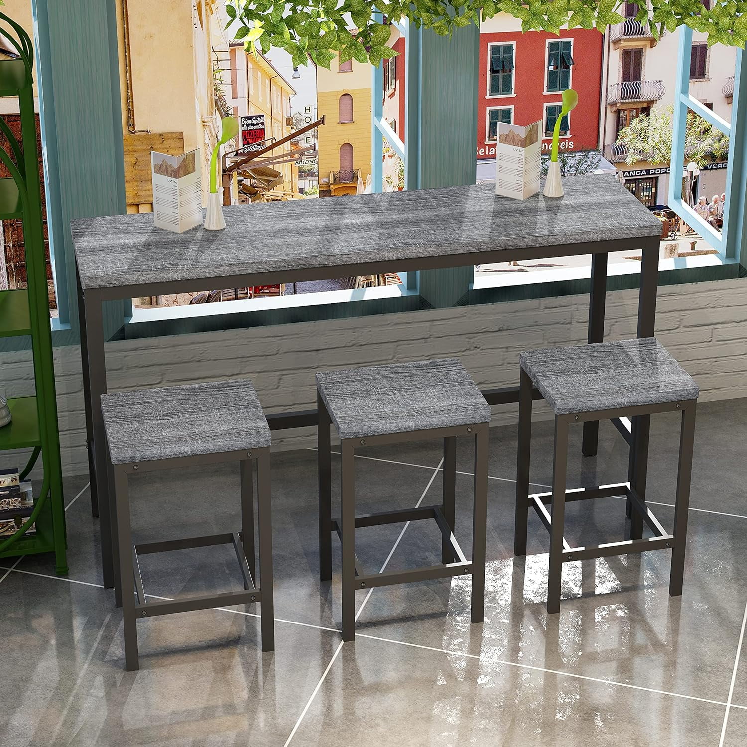 Long Bar Table with 3 Stools, Modern Wood Rectangular Pub Table and ...