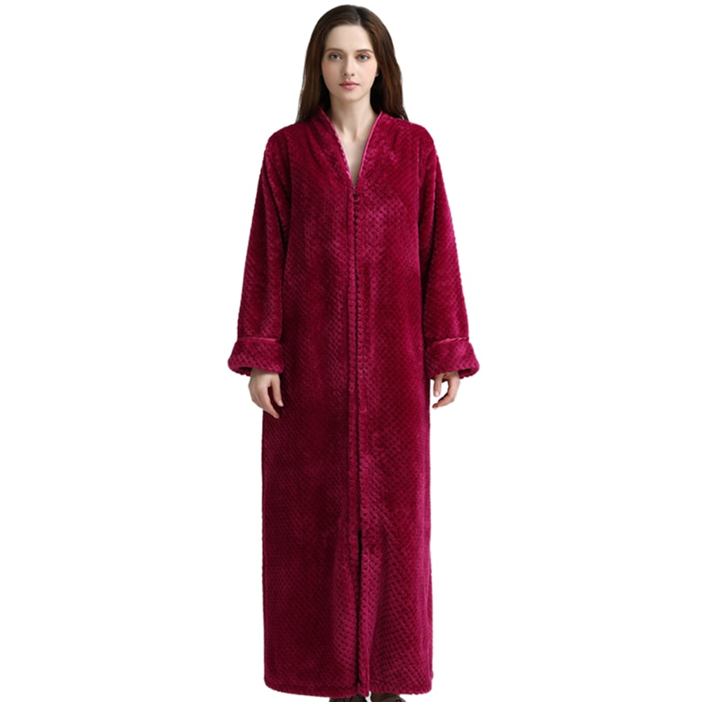 Long Bath Robe Zip Up Plush Soft Fleece Bathrobes Nightgown Ladies ...