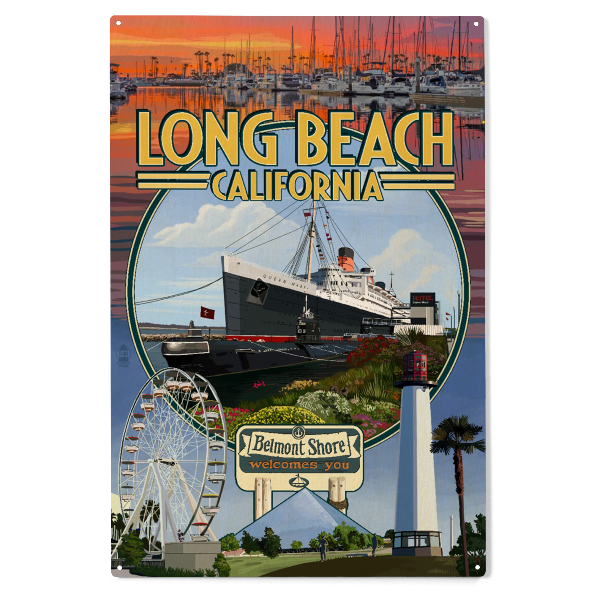Long Beach, California, Sunset Montage Birch Wood Wall Sign (10x15 ...