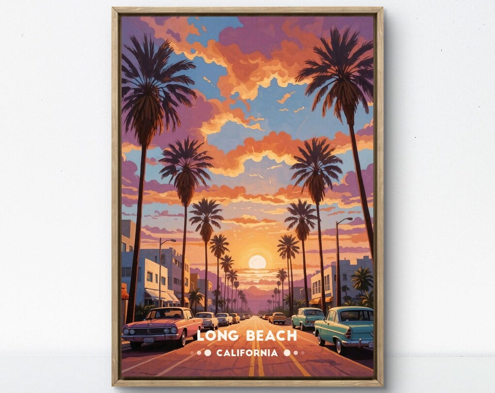 Long Beach Poster, California Sunset Print, Retro Palm Street Art, Long ...