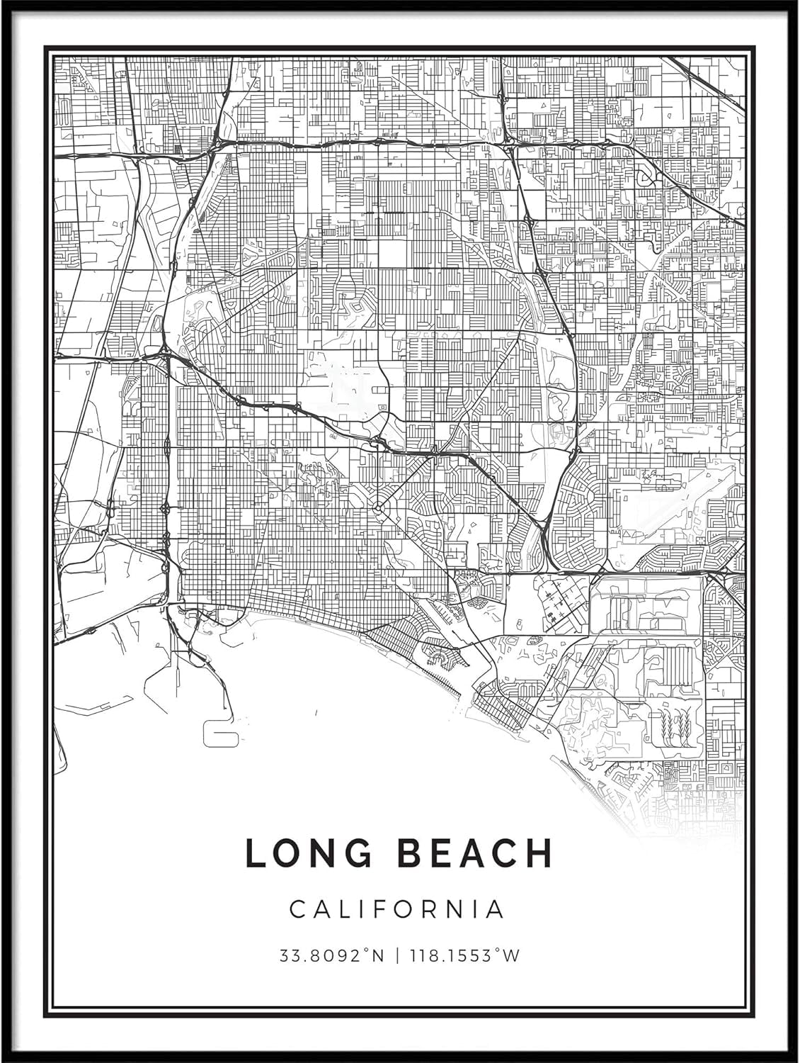 Long Beach map Poster Print | Modern Black and White Wall Art ...