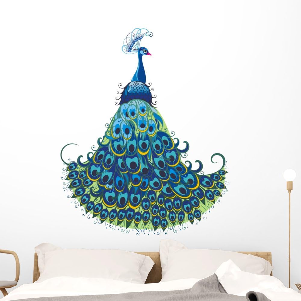 Long Beautiful Tail Peacock Wall Decal Peel and Stick Graphic ( in H x ...