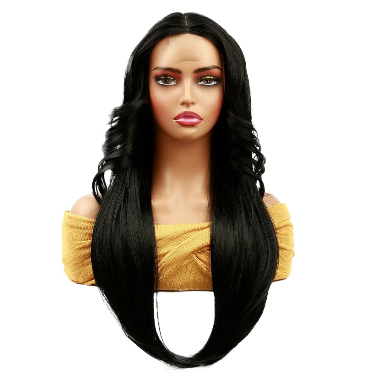 Long Black Straight Hair Wigs with Lace Front Bangs - High Temperature ...