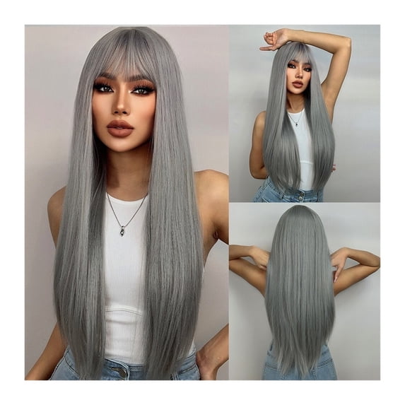 Long Blue Straight Wig With Bangs Heat Resistant Synthetic Wigs For ...