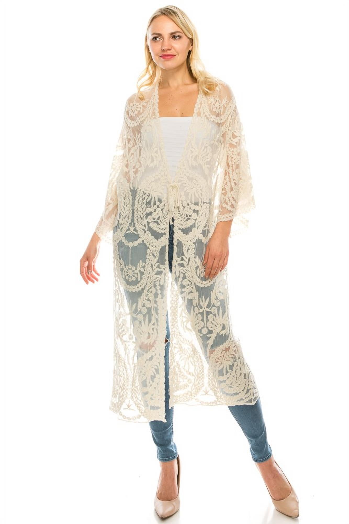 Long Boho Kimono Crochet Cardigan Lacy Tie Front Beige - Walmart.com