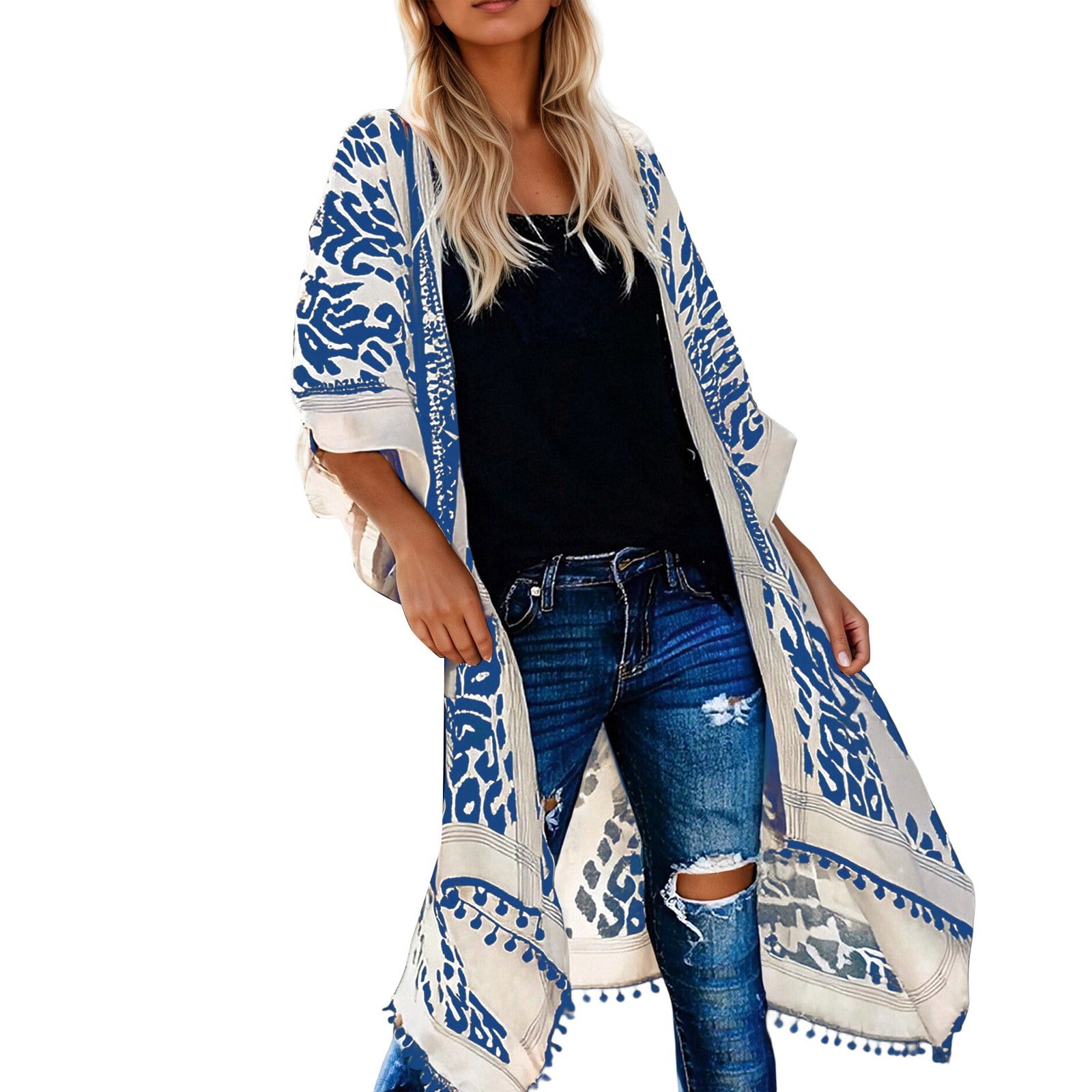 Long Cardigans for Women Kimono Cover Up Floral Print Boho Beach Casual ...