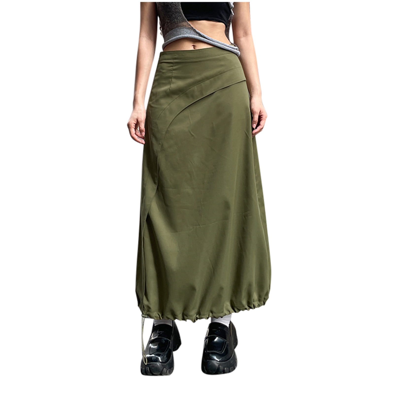 Long Cargo Skirts for Women with Pockets Low Rise Drawstring Shirred ...