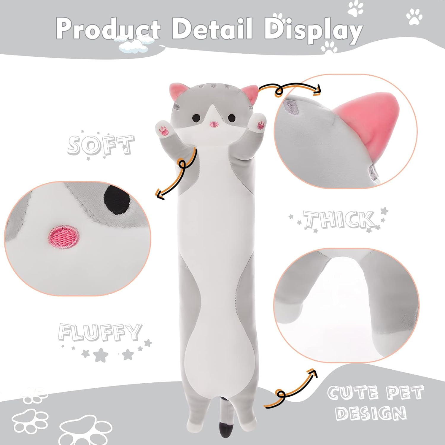 Long Cat Plush Pillow, 35.4in Cute Cat Plushie Stuffed Animals Body ...