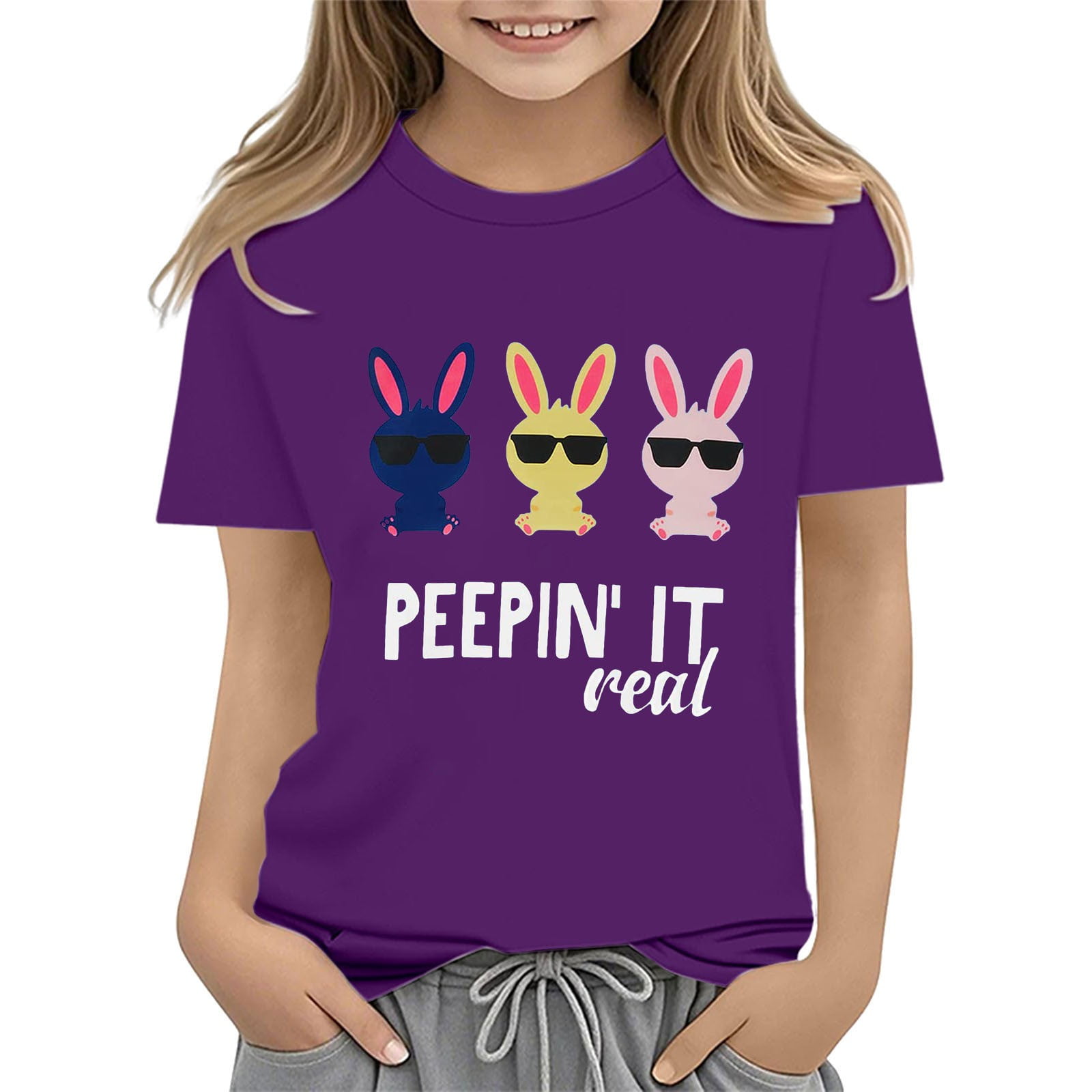KAUOD Boys Girls Easter T-Shirt Kids Peepin It Real Bunny Funny Letter Graphic Tees Toddler Cute ...