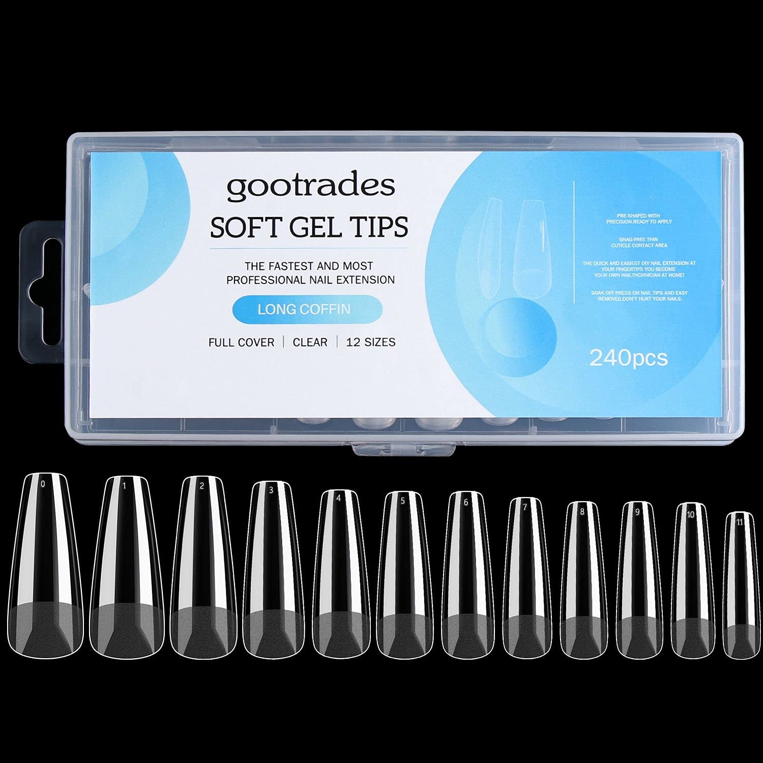 Long Coffin Gel X Nail Tips Extension, 240PCS Clear Soft Gel Full Cover ...