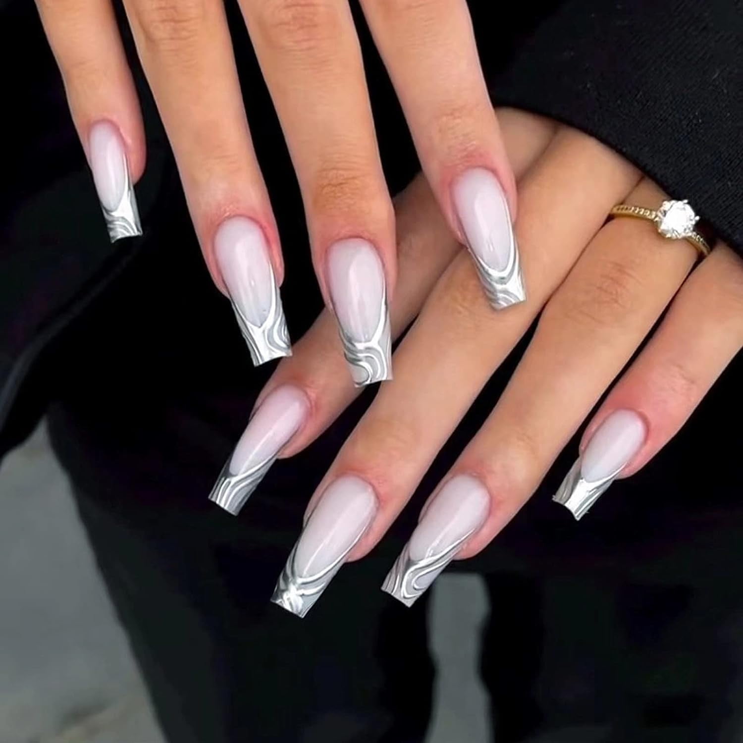 Long Coffin Press on Nails Ballerina Fake Nails Glossy Glue on Nails ...