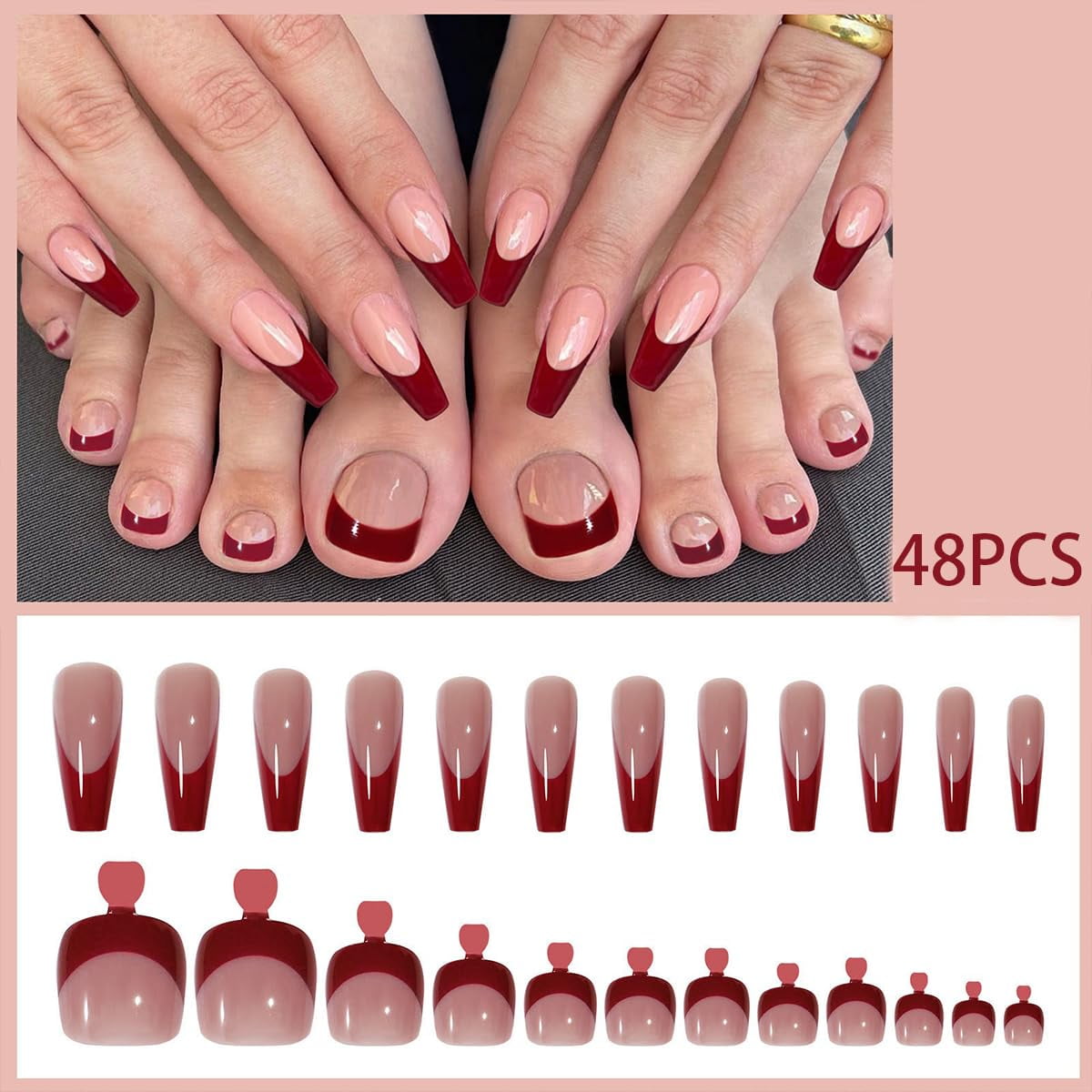 Long Coffin Press on Nails Red French Tip Fake Finger Toe Nails Set ...