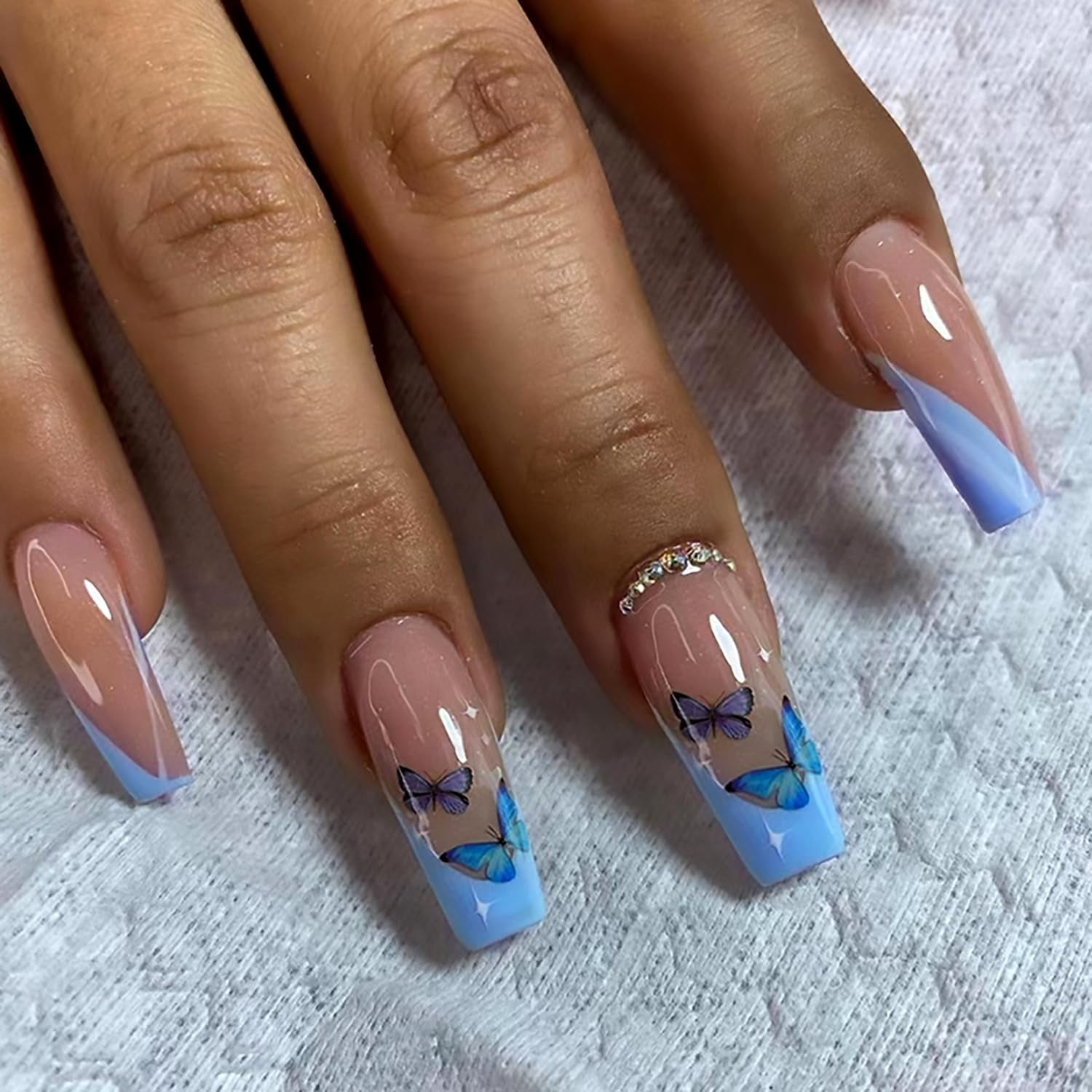 Long Coffin Shape Press on Nails,Blue French Tip Nails with Butterfly ...