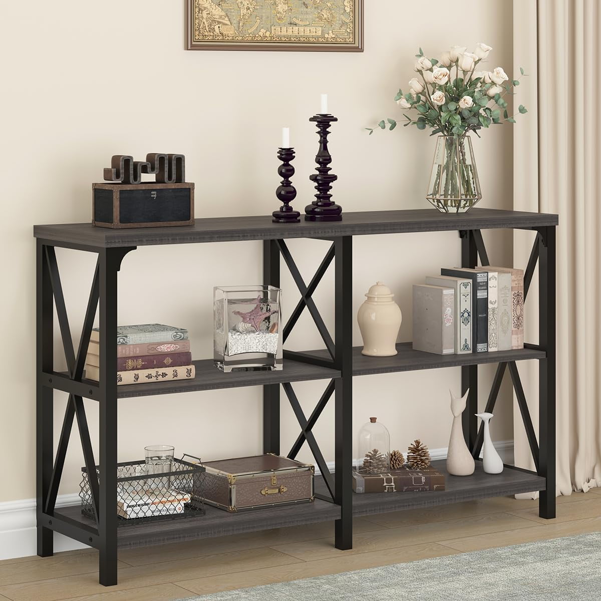 Long Console Table, Industrial Entryway Table with Storage Shelves ...