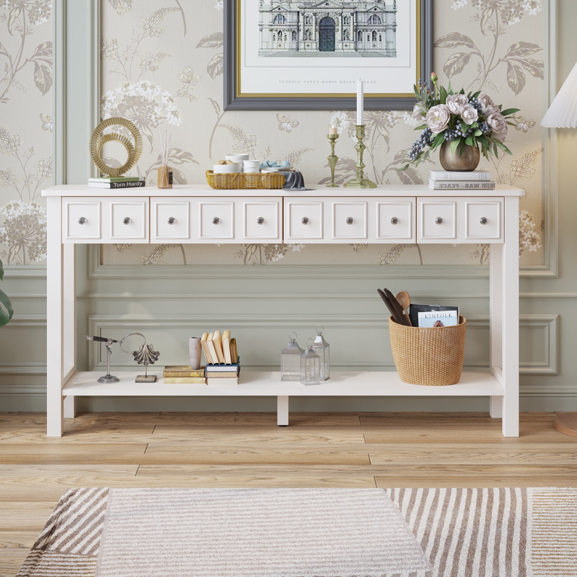 Long Console Table with Different Size Drawers and Bottom Shelf, White ...
