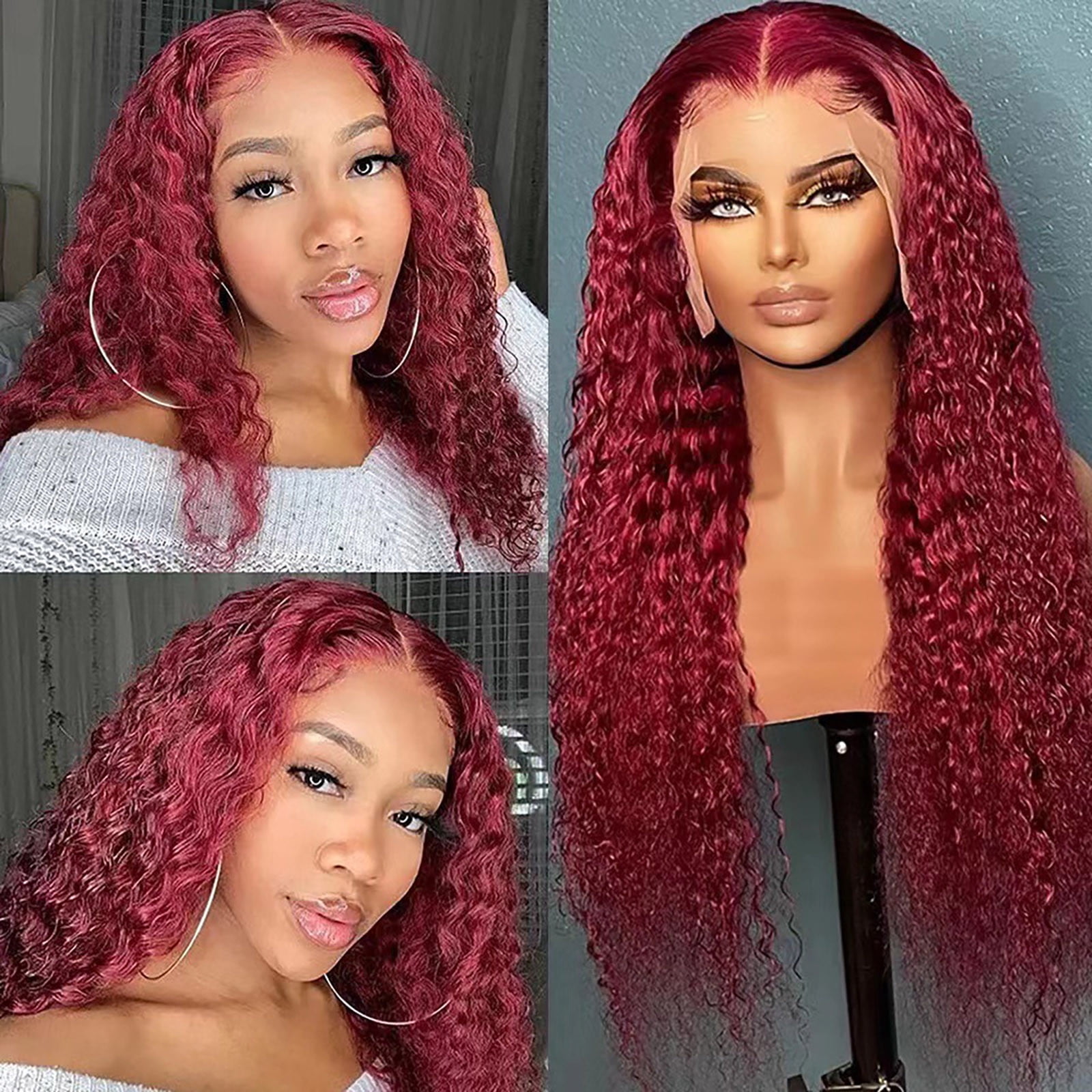 Long Curly Hair Lace Front Wig Synthetic 26 Inch Wine Red | High ...