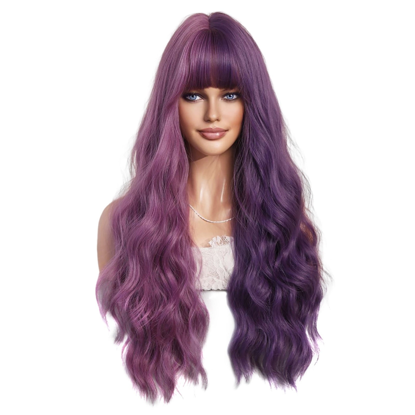 Long Curly Hair Wig Female Bangs Long Hair Purple Gradient Realistic Natural Chemicals Fiber ...