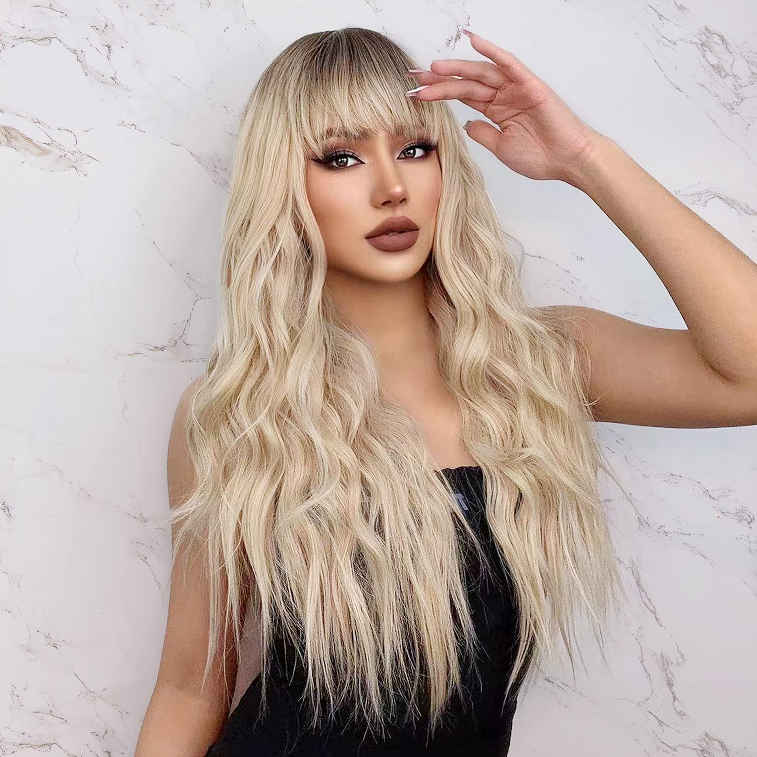 Long Curly Wavy Synthetic Hair Wigs with Bangs for Women Cool Brown to ...
