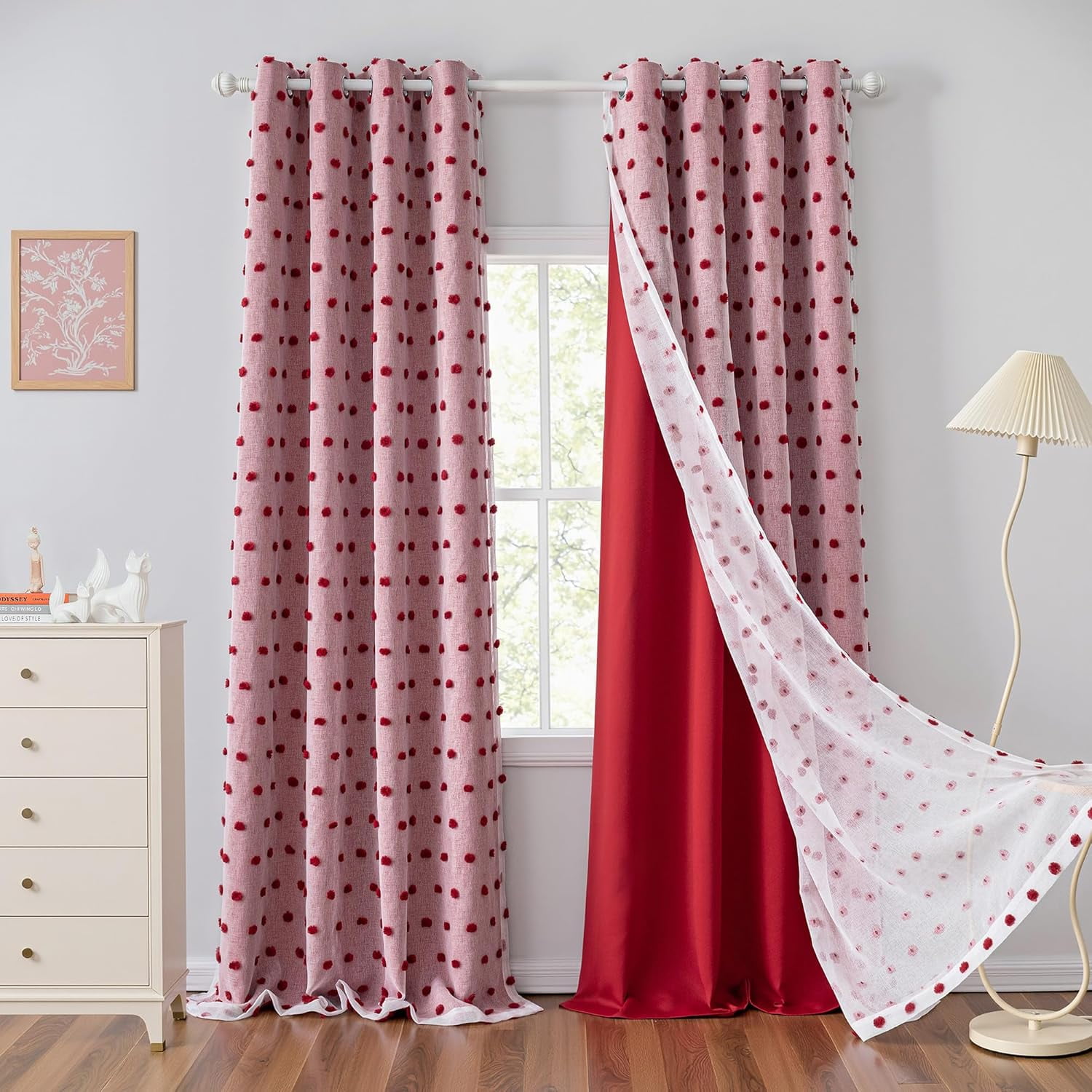 Long Curtains for Living Room 95 Inches Length Red Pom Pom Sheer and ...