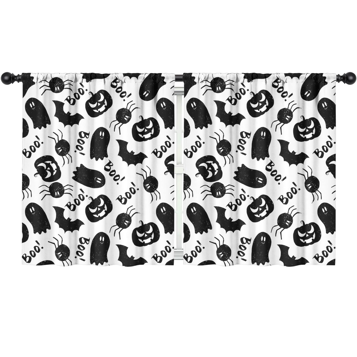 Long Curtains with Spooky Halloween Night Theme, Black Cat and Ghost ...
