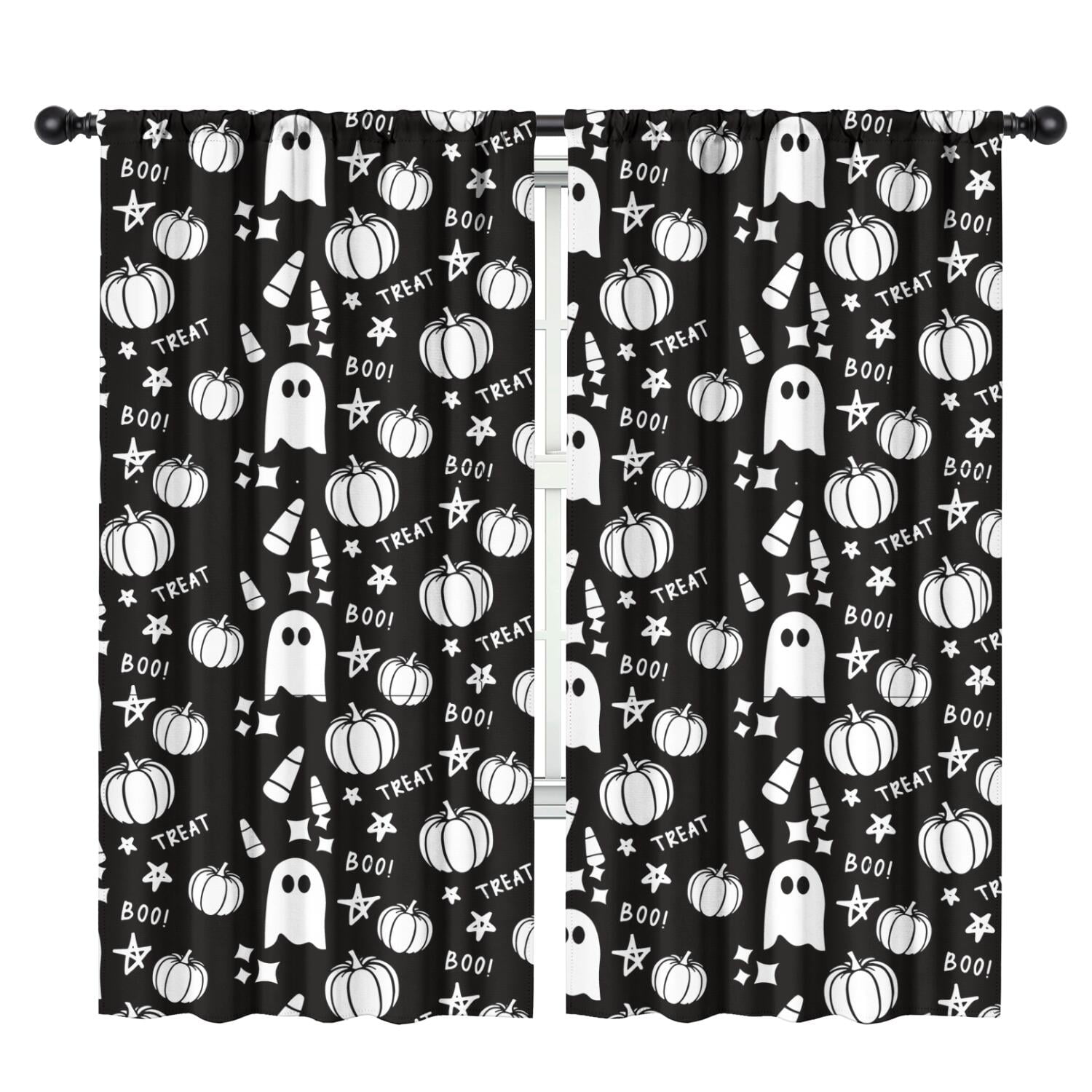 Long Curtains with Spooky Halloween Night Theme, Skeleton and Ghost ...
