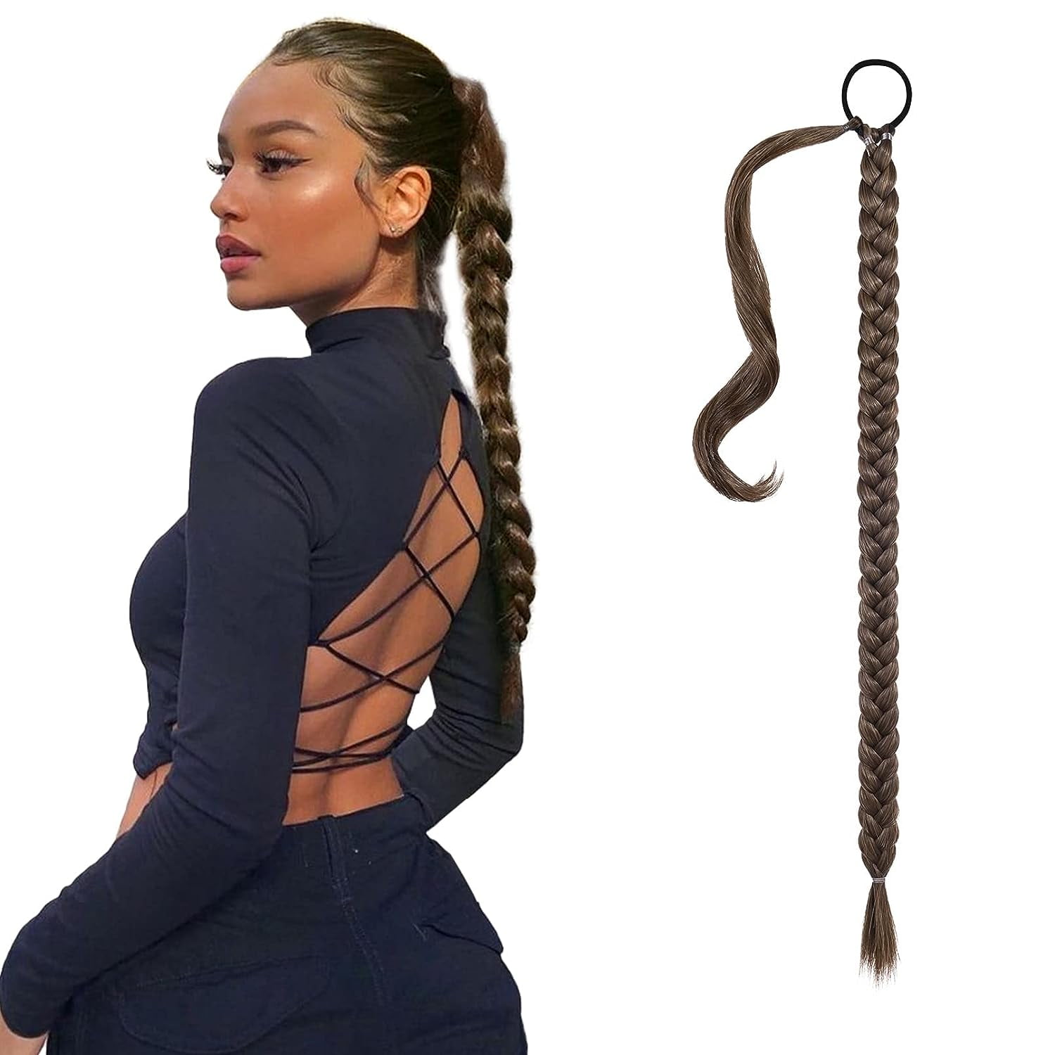 Long DIY Braid Ponytail Extension with Hair Tie Straight Wrap Around ...