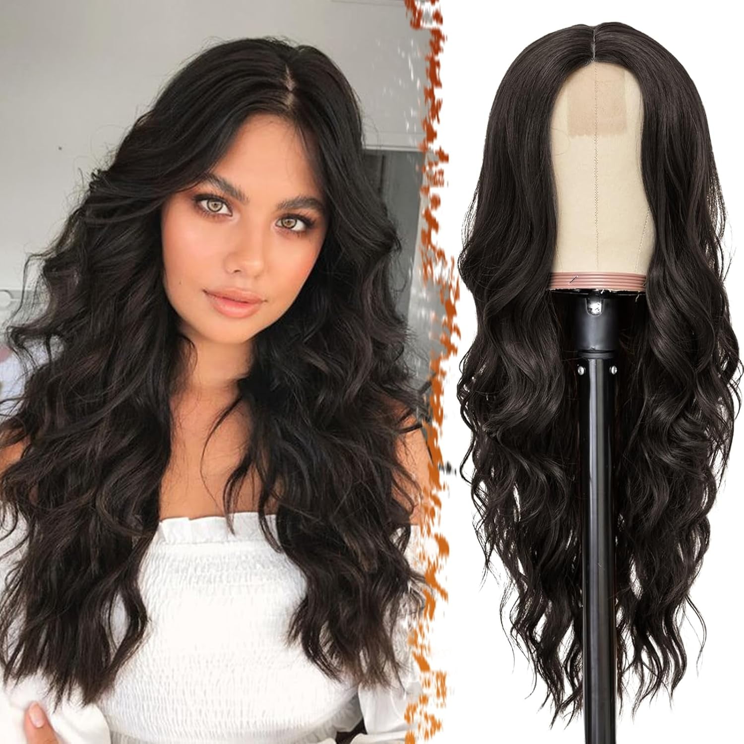 Long Dark Brown Wig - 26 Inch Long Wavy Middle Part Wig for Women ...