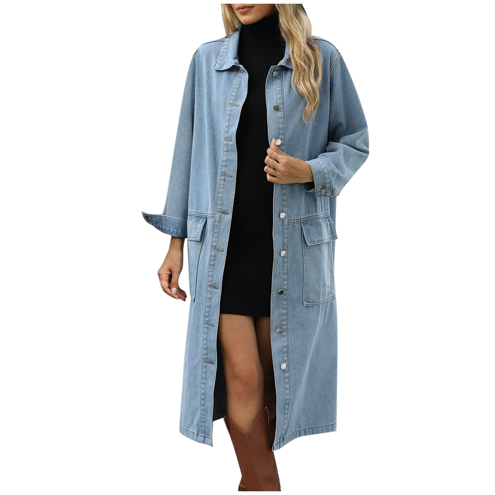 Long Denim Jacket Women Oversized Denim Trench Coat Button Down Shacket ...