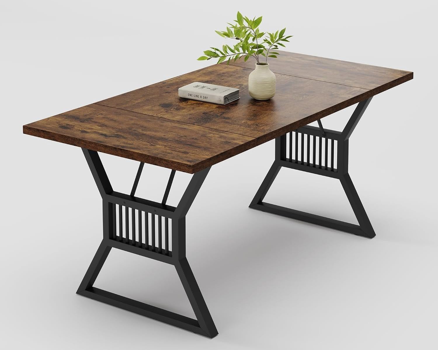 Long Dining Table, Metal Frame Dining Table for 4-6 Person, Functional ...