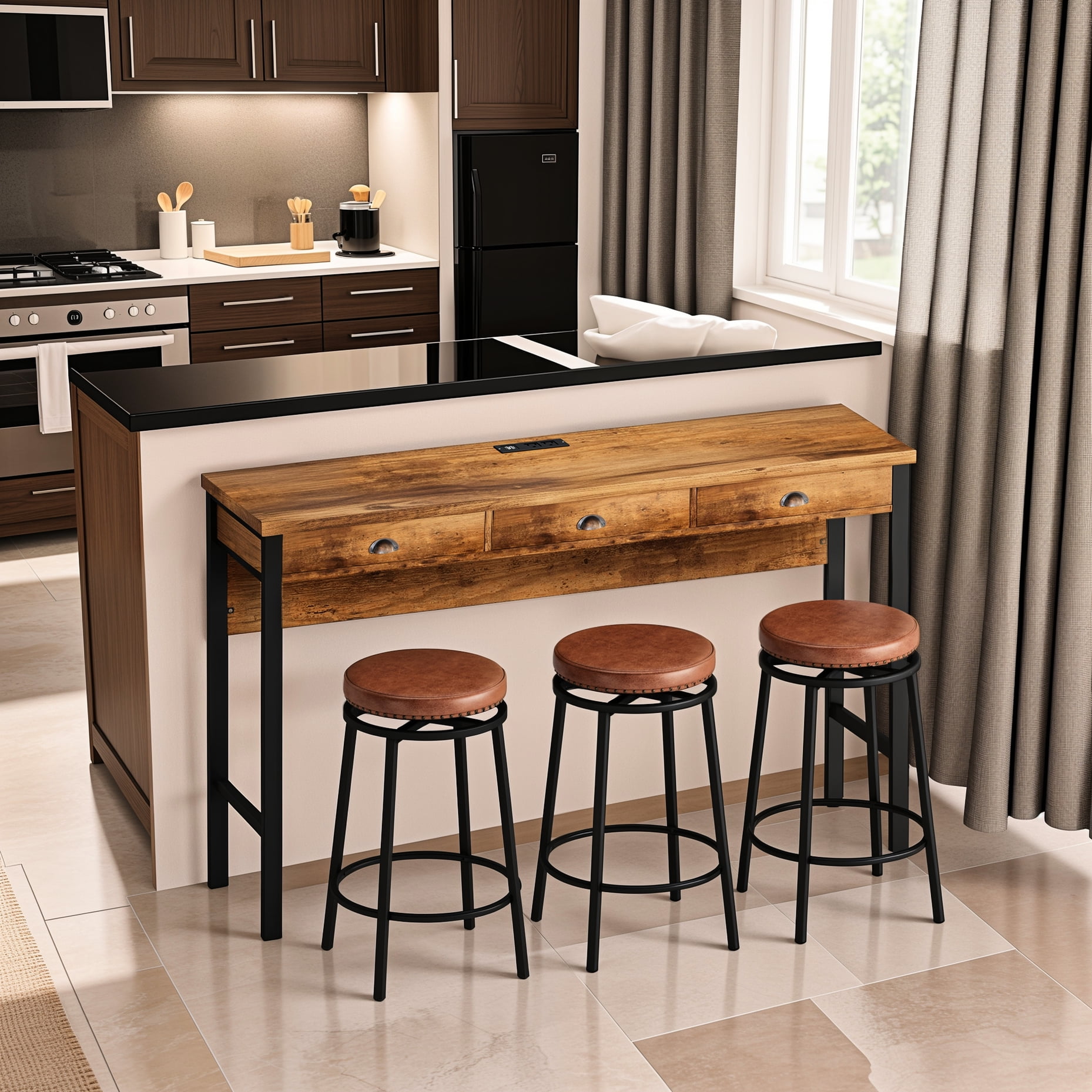 Long Dining Table Set with 3 Drawers, Power Outlets and Luxury Circular ...