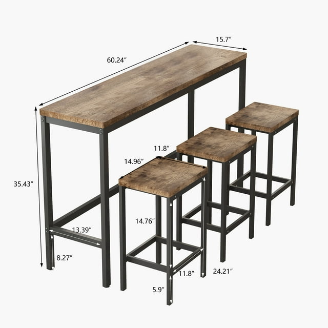 Long Dining Table Set with 3 Stools Pub Kitchen Set Side Table with ...