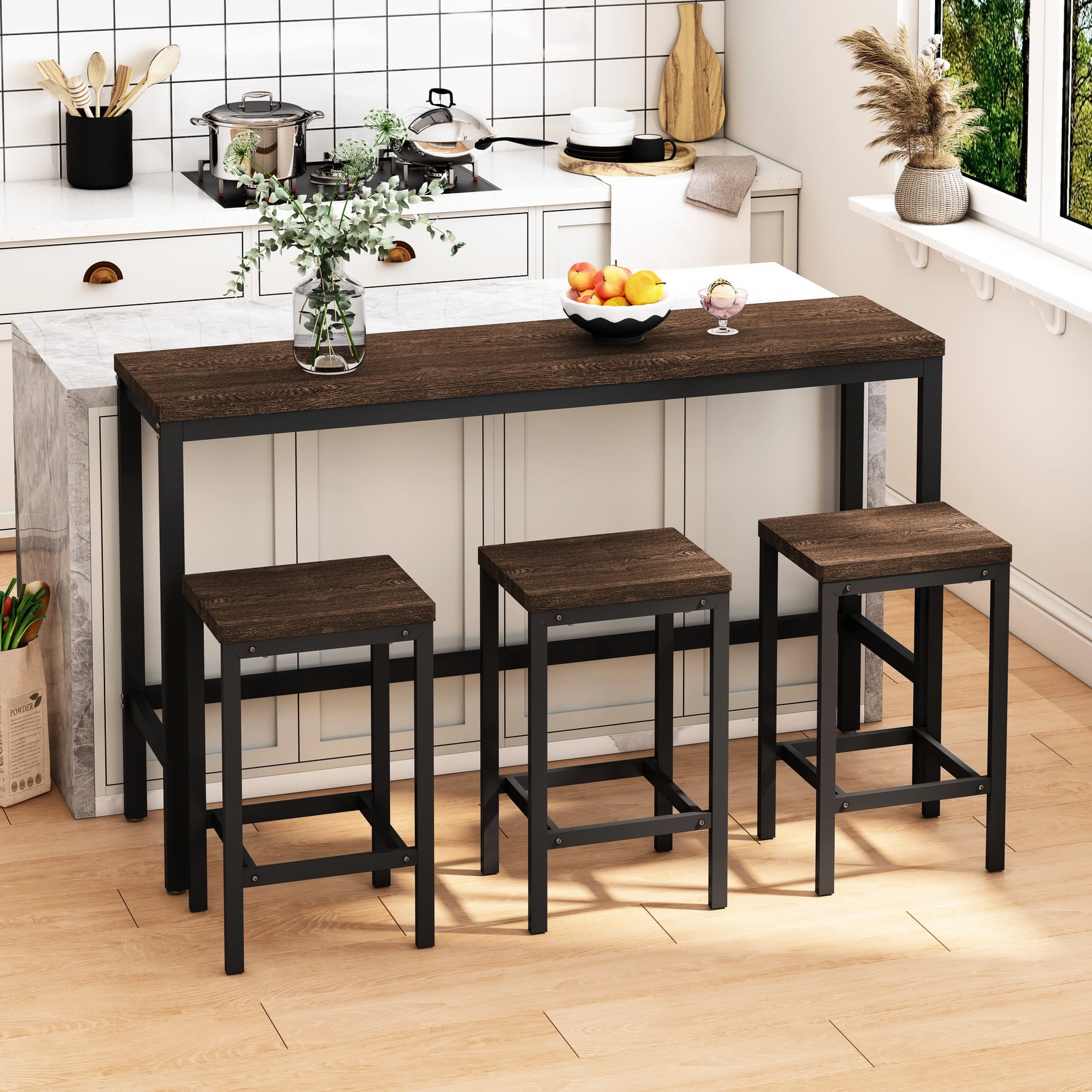 Long Dining Table with Stools / Dark Brown Color, Reasonable Load ...