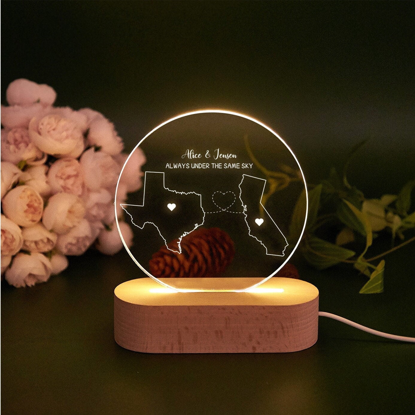 Long Distance Two State Map Custom LED Lamp Acrylic Board Wooden Base ...