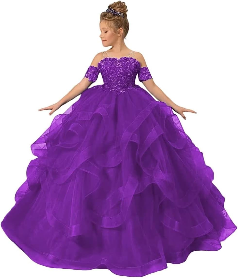 Long Dresses Lace Applique Pageant Dresses for Girls Poofy Flower Girl ...