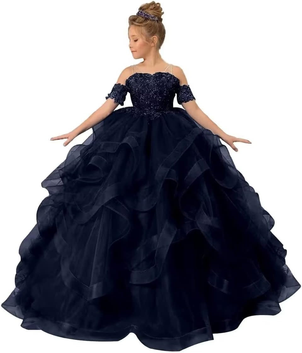 Long Dresses Lace Applique Pageant Dresses for Girls Poofy Flower Girl ...