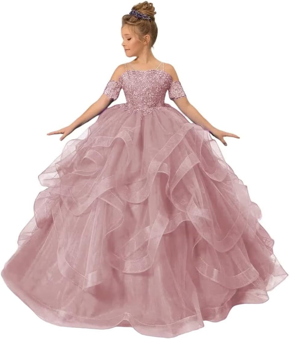 Long Dresses Lace Applique Pageant Dresses for Girls Poofy Flower Girl ...