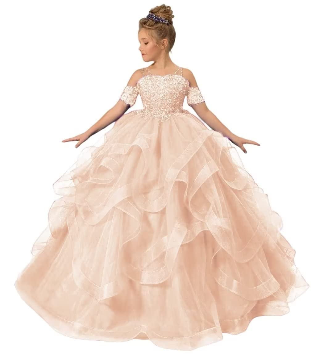 Long Dresses Lace Applique Pageant Dresses for Girls Poofy Flower Girl ...