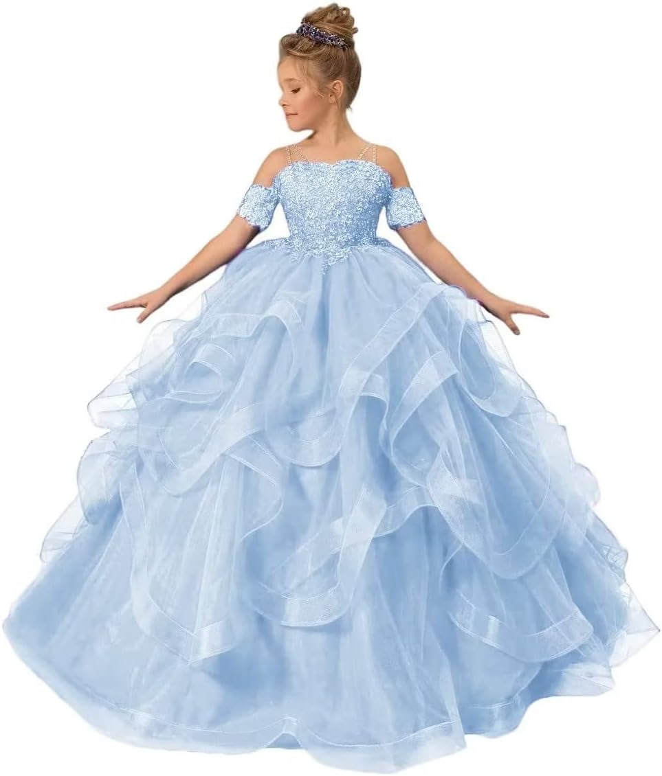 Long Dresses Lace Applique Pageant Dresses for Girls Poofy Flower Girl ...