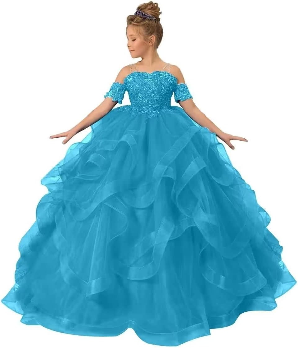 Long Dresses Lace Applique Pageant Dresses for Girls Poofy Flower Girl ...