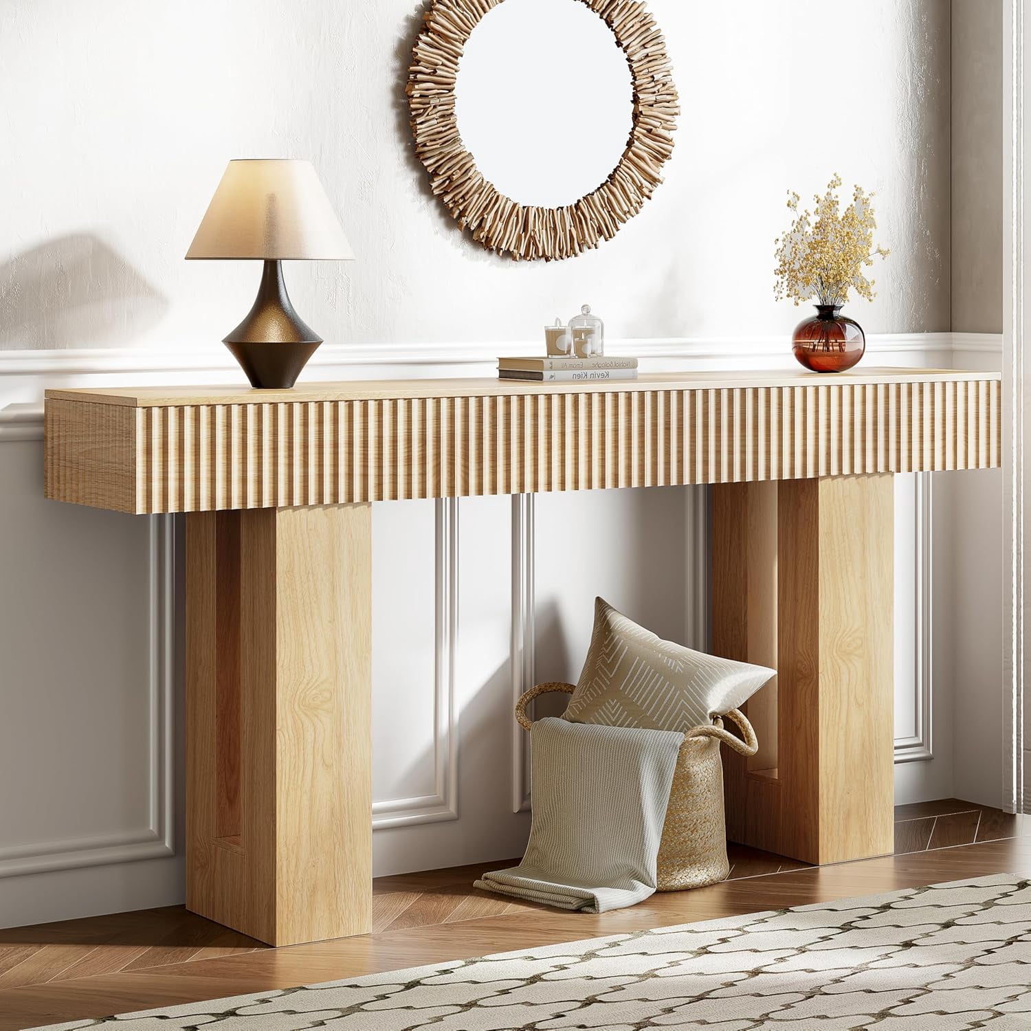 Long Entryway Console Table with a Fluted Design, Thick Wood Farmhouse ...