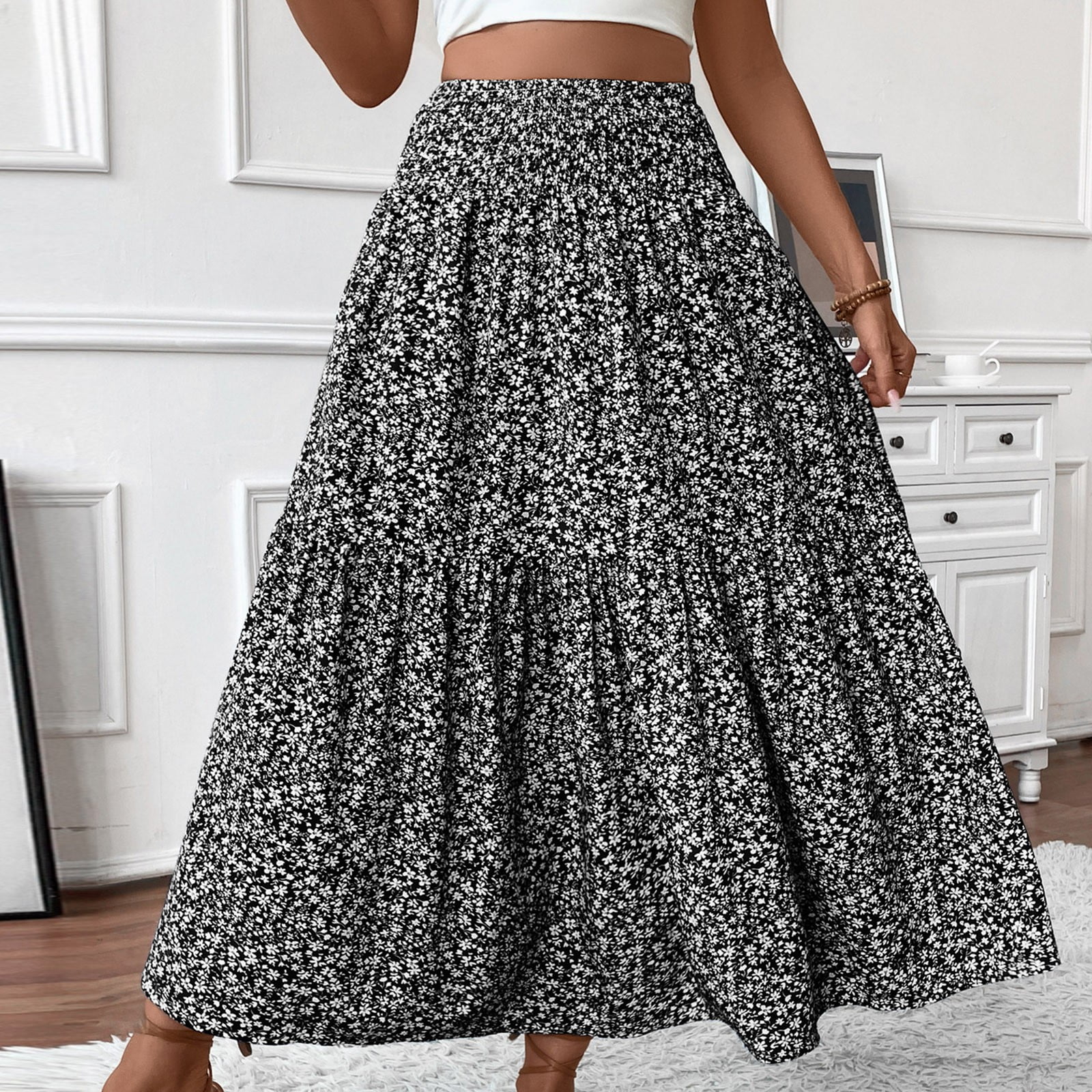 Long Flowy Skirts for Women Smocked High Waisted Floral Maxi Skirt with ...