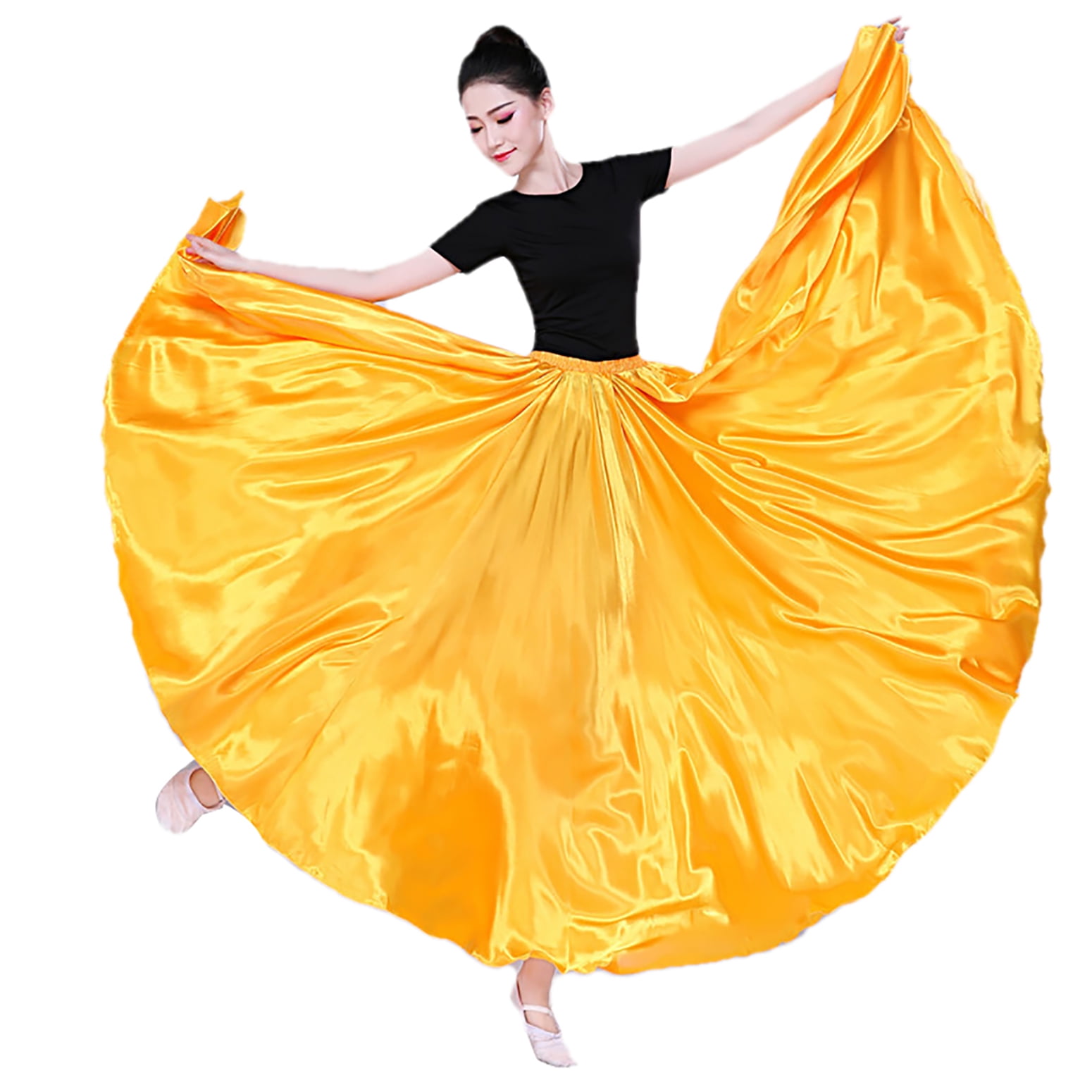 Long Full Circle Satin Maxi Flowy Swing Dance Cosplay Skirt Ladies ...